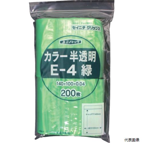 【特長】 ●スタンダードなフィルム厚0.04mmのチャック付ポリエチレン袋です。 【用途】 ●部品等の保管、管理。 【仕様】 ●色：半透明グリーン ●縦(mm)：140 ●横(mm)：100 ●厚さ(mm)：0.04 ●食品衛生法適合（ポジ...