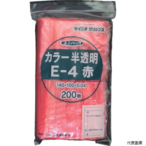 【特長】 ●スタンダードなフィルム厚0.04mmのチャック付ポリエチレン袋です。 【用途】 ●部品等の保管、管理。 ●色：半透明レッド ●縦(mm)：140 ●横(mm)：100 ●厚さ(mm)：0.04 ●食品衛生法適合（ポジティブリスト...