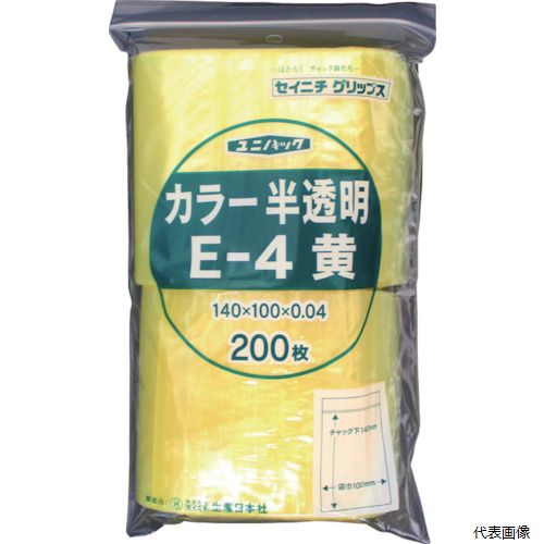 【特長】 ●スタンダードなフィルム厚0.04mmのチャック付ポリエチレン袋です。 【用途】 ●部品等の保管、管理。 【仕様】 ●色：半透明イエロー ●縦(mm)：140 ●横(mm)：100 ●厚さ(mm)：0.04 ●食品衛生法適合（ポジ...