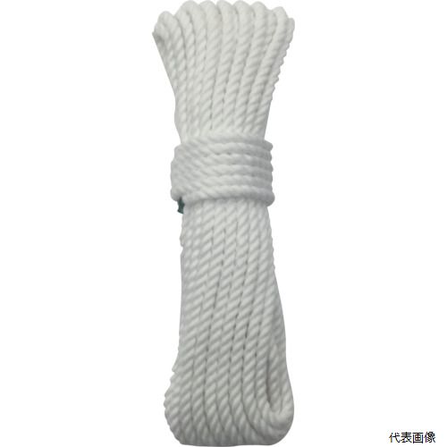 【特長】 ●酸・アルカリ・海水などに強く、耐候性に優れ摩擦にも非常に強く、強度に優れたロープです。 【用途】 ●各種結束、テント・タープ用など。 ●色：白 ●線径(mm)：5 ●長さ(m)：10 ●包装形態：袋入 【材質／仕上】 ●ポリエス...