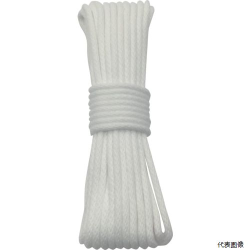 【特長】 ●強度は3つ打に比べ40%程度低下しますが、摩擦抵抗が少なく、ねじれにくいロープです。 ●酸・アルカリ・海水等に強く、耐候性に優れ摩擦にも非常に強く、強力に優れたロープです。 【用途】 ●各種結束、テント・タープ用など。 ●色：白...
