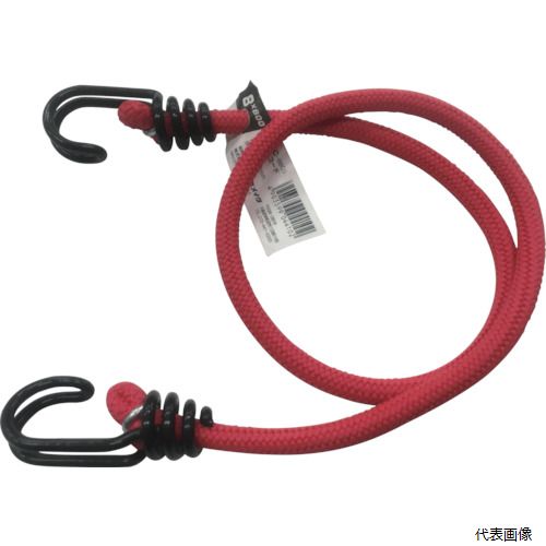 【特長】 ●伸縮性があり、周囲を糸で特殊織しています。 【用途】 ●荷物の仮留め、固定等。 【仕様】 ●色：レッド ●長さ(m)：0.8 ●標準幅(mm)：8 【材質／仕上】 ●中芯：天然ゴム ●被覆：PP ●金具：スチール 【注意】 ●ゴ...