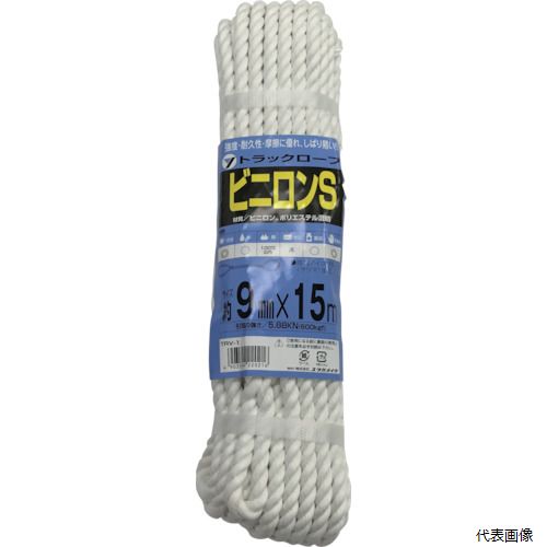 【特長】 ●手触りが良く扱いやすい、耐候性、耐久性に優れた強度の強いロープです。 【用途】 ●トラックの荷締めなど。 【仕様】 ●色：白 ●線径(mm)：9 ●長さ(m)：15 ●包装形態：バンド掛巻 ●引張強度(kN)：5.88 ●ロープ...