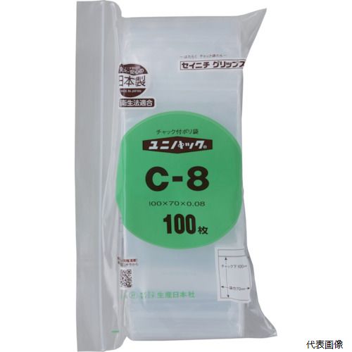 【特長】 ●フィルム厚0.08mmの耐衝撃性に優れたチャック付ポリエチレン袋です。 【用途】 ●部品などの保管、管理。 【仕様】 ●色：透明 ●縦(mm)：100 ●横(mm)：70 ●厚さ(mm)：0.08 ●厚さ：0.08mm ●食品衛...
