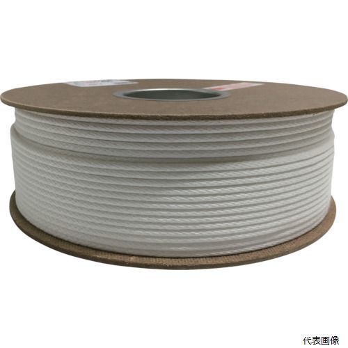 【特長】 ●強度は3つ打に比べ40%程度低下しますが、摩擦抵抗が少なく、ねじれにくいロープです。 ●酸・アルカリ・海水等に強く、耐候性に優れ摩擦にも非常に強く、強力に優れたロープです。 【用途】 ●各種結束、テント・タープ用など。 ●色：白...