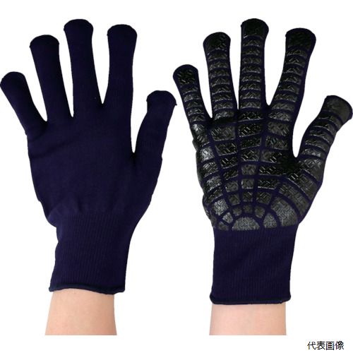 【特長】 ●スムーズな着用感です。 ●伸縮性のあるナイロンに塩ビのすべり止め加工をした手袋です。 【用途】 ●梱包、組立、仕分けなど。 【仕様】 ●色：ネイビー ●サイズ：フリー ●ゲージ数：13 ●全長(cm)：22.0 ●手のひら周り(...