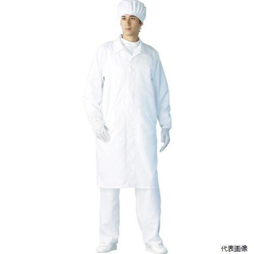 【特長】 ●コートタイプの防じん服です。 ●両脇に切りポケットを配した定番スタイルで、発じん防止、異物混入防止に効果的です。 ●来客用、訪問者用防じん服としても利用できます。 【仕様】 ●色：ホワイト ●サイズ：M ●着丈(cm)：100 ...