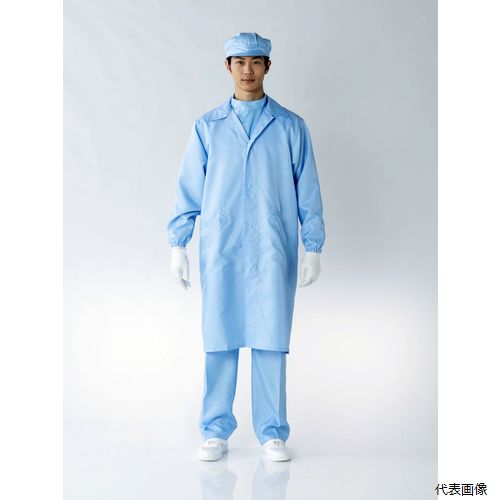 【特長】 ●コートタイプの防じん服です。 ●両脇に切りポケットを配した定番スタイルで、発じん防止、異物混入防止に効果的です。 ●来客用、訪問者用防じん服としても利用できます。 【仕様】 ●色：ブルー ●サイズ：M ●着丈(cm)：100 ●...