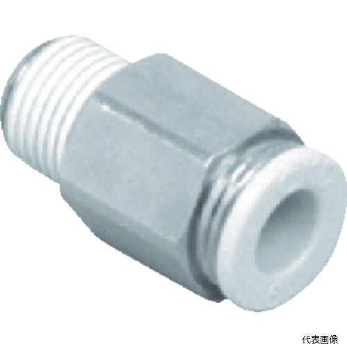 【特長】 ●難燃性樹脂（UL-94規格V-0相当）標準+黄銅部ニッケルメッキ+ネジ部シール材標準塗布 【用途】 ●片口ストレートチューブ+オネジ 【仕様】 ●適合チューブ外径(mm)：12 ●接続口径：R3/8 ●六角対辺(mm)：19 ●...