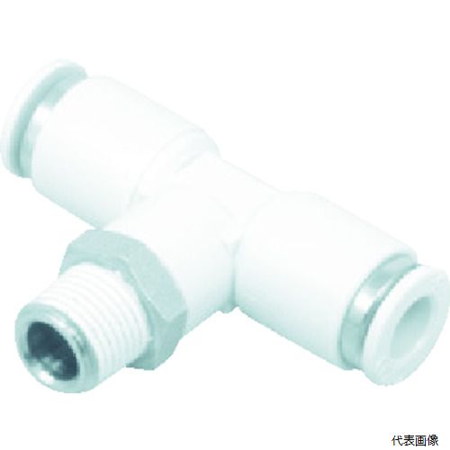 【特長】 ●難燃性樹脂（UL-94規格V-0相当）標準+黄銅部ニッケルメッキ+ネジ部シール材標準塗布 【用途】 ●チーズ　チューブ+オネジ ●適合チューブ外径D(mm)：4×4 ●接続口径：R1/8 ●使用流体：空気 ●使用圧力：-100k...
