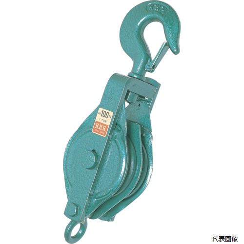 【特長】 ●側板が開くのでロープの途中からでも装着可能です。 【用途】 ●ロープを通し、荷物などの吊り上げや引っ張り作業。 ●基本使用荷重(t)：1 ●最大使用ロープ径(mm)：12 ●車数：2 ●車径(mm)：100 ●寸法(mm)A：3...