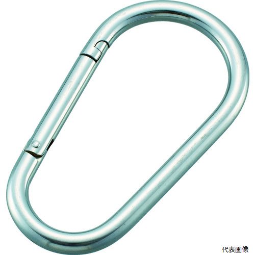 【特長】 ●スプリングフックです。 ●バネの力で開口部分が戻ります。 【用途】 ●チェーン・ワイヤ・ロープ等の連結金具として、また端末の金具のジョイントに。 【仕様】 ●使用荷重(kN)：2.45 ●D(mm)：12 ●L(mm)：169 ...