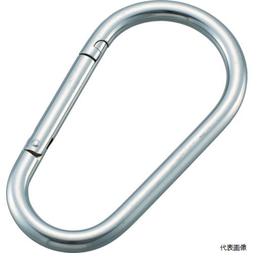 【特長】 ●スプリングフックです。 ●バネの力で開口部分が戻ります。 【用途】 ●チェーン・ワイヤ・ロープ等の連結金具として、また端末の金具のジョイントに。 【仕様】 ●使用荷重(kN)：3.43 ●D(mm)：14 ●L(mm)：204 ...