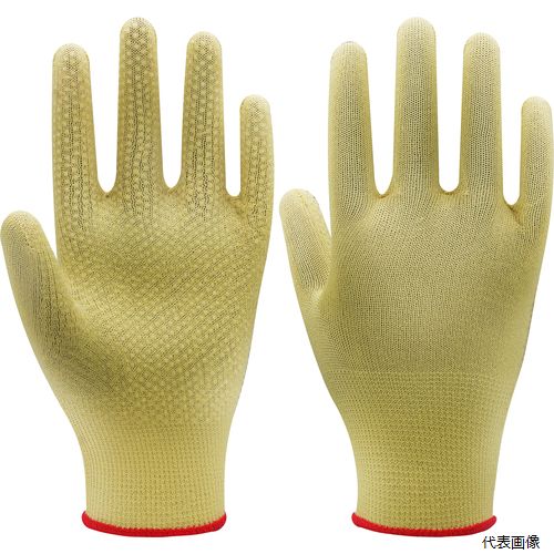 【特長】 ●すべり止め跡が残りにくいシリコン樹脂を使用しています。 【用途】 ●自動車・機械加工・電気・金属加工など 【仕様】 ●色：イエロー ●サイズ：L ●全長(cm)：22.7±1 ●手のひら周り(cm)：18.8±1 ●中指長さ(c...