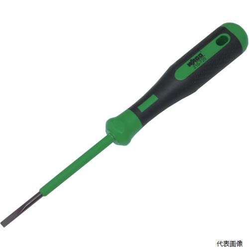 【特長】 ●DIN5264規格準拠です。 ●グリップ部分は樹脂とゴムコーティングで握りやすくなっています。 ●ワゴ製スプリング式端子台用のドライバーです。 【仕様】 ●全長(mm)：174 ●軸長(mm)：25 ●セット内容(本)：1 ●刃...