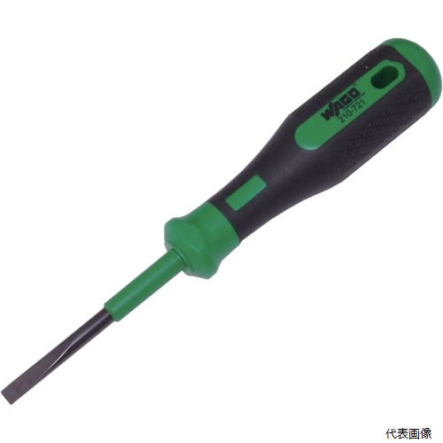 【特長】 ●DIN5264規格準拠です。 ●グリップ部分は樹脂とゴムコーティングで握りやすくなっています。 ●ワゴ製スプリング式端子台用のドライバーです。 【仕様】 ●全長(mm)：174 ●軸長(mm)：40 ●セット内容(本)：1 ●刃...