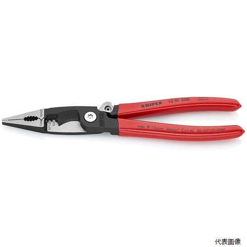 【特長】 ●電気工事用マルチファンクションプライヤーです。 ●1本で6つの機能が利用できます。（つかみ、曲げ、バリ取り、切断、ストリップ、圧着） ●ばね内蔵でロッキングレバーのついたタイプです。 【仕様】 ●全長(mm)：200 ●切断能力...