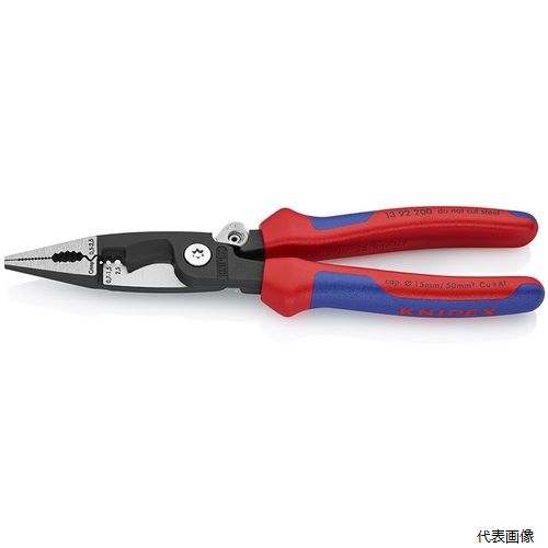 【特長】 ●電気工事用マルチファンクションプライヤーです。 ●1本で6つの機能が利用できます。（つかみ、曲げ、バリ取り、切断、ストリップ、圧着） ●ばね内蔵でロッキングレバーのついたタイプです。 【仕様】 ●全長(mm)：200 ●切断能力...