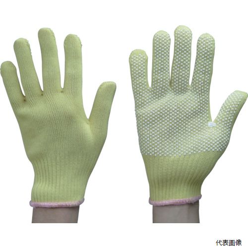 【特長】 ●作業性に優れた薄手タイプです。 ●手のひらにすべり止め効果のあるビニールドット加工を施しています。 【用途】 ●自動車関連。 ●金属加工。 【仕様】 ●色：イエロー ●サイズ：S ●全長(cm)：20.5 ●手のひら周り(cm)...