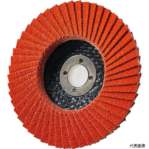 【特長】 ●研削力が従来の研磨布ディスク(A）の約2倍、金属の重研削に威力を発揮します。 【用途】 ●鉄、ステンレス、アルミ、その他難削材の各種重研削。 ●黒皮はがし。 【仕様】 ●粒度(#)：40 ●外径(mm)：100 ●羽根長さ(mm...