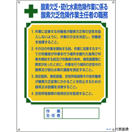 【特長】 ●酸素欠乏症等防止規制および労働安全衛生規則に基づく標識です。 ●作業主任者や作業指揮者等の職務が記載されています。 【用途】 ●当該情報の明示(指示)に。 【仕様】 ●表示内容：酸素欠乏・硫化水素 ●取付仕様：穴4ヵ所(3mm)...