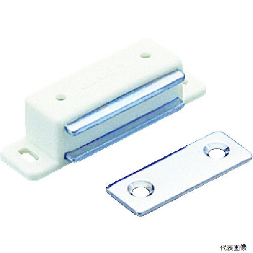 【特長】 ●消音および取付不備回避用スポンジ付です。 【用途】 ●扉など保持に。 【仕様】 ●全長(mm)：60 ●吸着力(N)：27.4 ●取付ピッチ(mm)：50 ●色：ホワイト ●付属品：受座、スポンジクッション、十字穴付なべ木ねじ3...