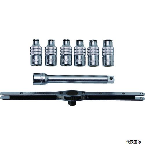 【特長】 ●汎用のソケットレンチ用のハンドルで駆動することのできるタップホルダソケットのセットです。 【用途】 ●タップ立て用。 【仕様】 ●ケース寸法(mm)：240×100×32 ●差込角(mm)：9.5 ●セット内容：タップホルダ(T...