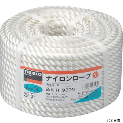 【特長】 ●合繊ロープの中で最も強度があり、摩擦にも強いです。 ●耐熱性にも優れています。 【用途】 ●安全帯の工具吊り下げ用。 ●電工現場のリードロープ用など。 【仕様】 ●色：白 ●線径(mm)：9 ●長さ(m)：30 ●包装形態：バン...
