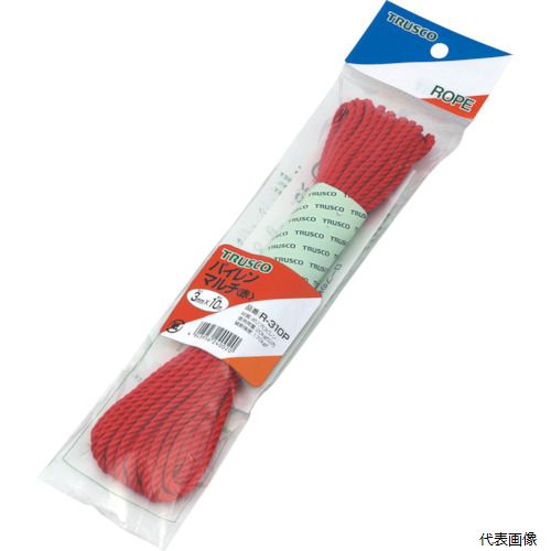 【特長】 ●軽くて柔らかく、扱いやすいです。 【用途】 ●荷物などの識別。 ●テント、タープの張り綱。 ●店舗内の指示板吊り下げ用。 【仕様】 ●色：赤 ●線径(mm)：5 ●長さ(m)：10 ●包装形態：袋入 ●ロープの打ち方：3つ打 ●...