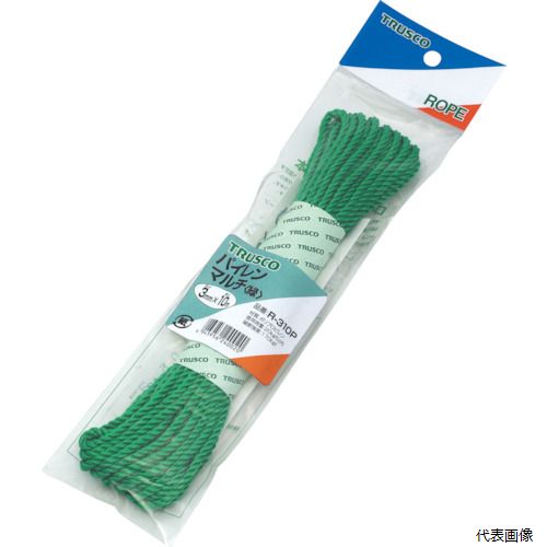 【特長】 ●軽くて柔らかく、扱いやすいです。 【用途】 ●荷物などの識別。 ●テント、タープの張り綱。 ●店舗内の指示板吊り下げ用。 【仕様】 ●色：緑 ●線径(mm)：5 ●長さ(m)：10 ●包装形態：袋入 ●ロープの打ち方：3つ打 ●...