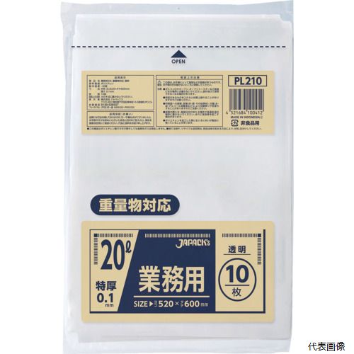 【特長】 ●厚みが0.1mmの特厚タイプで破れにくく丈夫です。 【仕様】 ●容量(L)：20 ●縦(mm)：600 ●横(mm)：520 ●厚さ(mm)：0.1 ●色：透明 ●重量物対応 【材質／仕上】 ●LLDPE 【入数】 ●1冊/10...