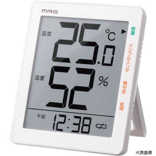 【特長】 ●時計表示もついた見やすいサイズの温湿度計です。 【用途】 ●部屋の環境状態を4種類の注意マークでお知らせ 【仕様】 ●測定温度範囲(℃)：-9.9〜50 ●温度最小表示(℃)：-9.9 ●測定湿度範囲(%RH)：20〜95 ●湿...