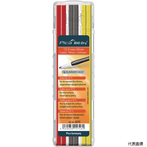 【特長】 ●6060用の替芯です。 ●耐熱性角型替え芯で70℃までの耐熱性があります。 ●ガラス面や光沢面には適しません。 【用途】 ●石材、コンクリート、乾燥した木材、加工木材などの線引きやマーキングに。 【仕様】 ●色：黒赤黄 ●芯径(...