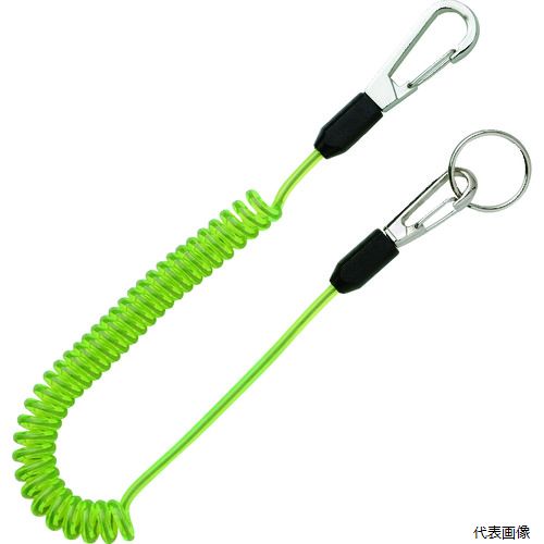 【特長】 ●ナスカン部に独自のコンパクトな樹脂金具を採用しています。 ●ワイヤーとポリウレタンがはく離しない一体成型加工品です。 【用途】 ●高所作業での工具落下防止に。 ●工具、計量小物の紛失防止に。 【仕様】 ●色：イエローグリーン ●...