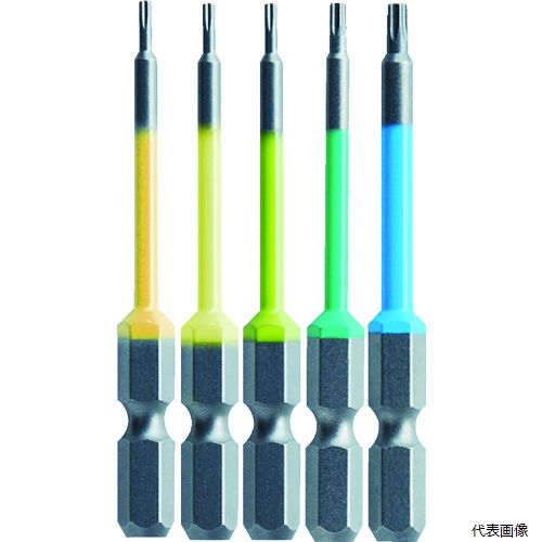 【特長】 ●ヘクスローブドライバービットの精密サイズセットです。 ●サイズを色で識別できます。 ●電動ドライバー装着時に塗装部分が邪魔にならない両端部非塗装です。 【仕様】 ●刃先：T4/T5/T6/T8/T10 ●全長(mm)：65 ●シ...