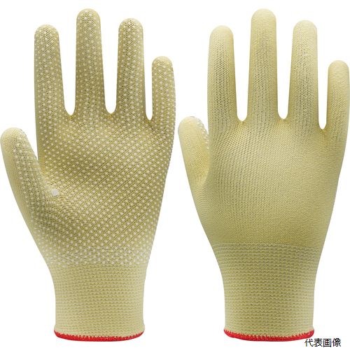 【特長】 ●ポリ塩化ビニールのすべり止め付耐切創手袋です。 【用途】 ●クリーンな環境が求められる組立。 ●精密作業。 ●機械組立 ●金属加工。 【仕様】 ●色：イエロー ●サイズ：L ●全長(cm)：22.7 ●手のひら周り(cm)：19...