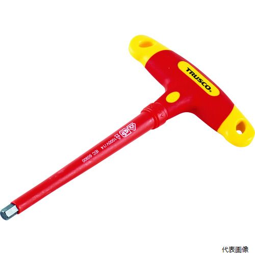 【特長】 ●安全を目視で確認できるセーフティサイン付です。 ●耐電圧試験済みです。 ●奥深い箇所に取り付けてある六角穴付ボルトの脱着に便利です。 ●T形ハンドル仕様の握りやすい形状です。 【仕様】 ●二面幅寸法(mm)：8 ●ハンドル長(m...
