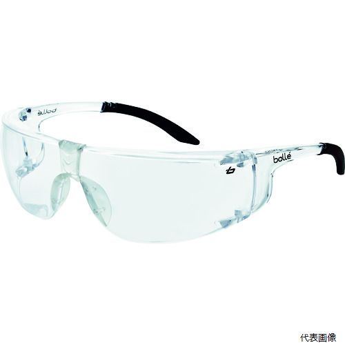 【特長】 ●大きくカーブしたレンズでワイドビジョンタイプです。 【用途】 ●飛来物等からの眼の保護に。 【仕様】 ●レンズ色：クリア ●テンプル色：ブラック ●フレーム色：クリア ●レンズ厚(mm)：約2.3 ●適合規格：ANSI　Z87....