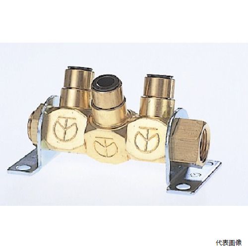 【特長】 ●一箇所の配管口より複数の配管口が取り出せます。 ●取り出し口は方向を自由に変える事が出来、固定も出来ます。 ●取り出し口にタッチコネクターフジを内蔵しています。 【用途】 ●各種エア配管 ●回路分岐 【仕様】 ●分岐数：3 ●適...