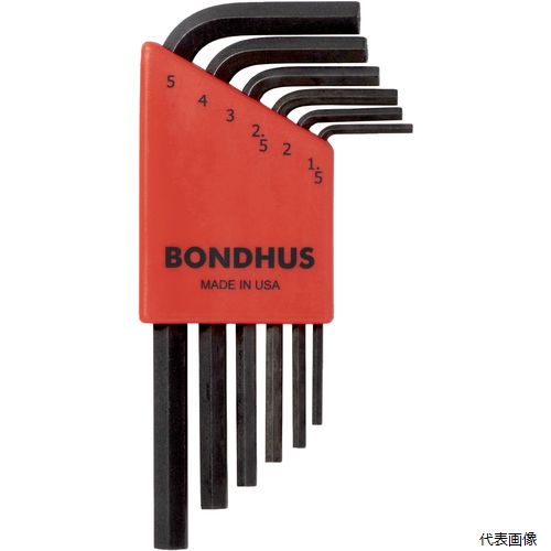 【特長】 ●ボンダス特許ホルダーに入っています。 【用途】 ●六角穴付ボルトの締め付け、緩め作業に。 【仕様】 ●セット内容(本)：6 ●セット内容(mm)：1.5、2、2.5、3、4、5 ●タイプ：ショート ●硬度：HRC57〜61 【材...