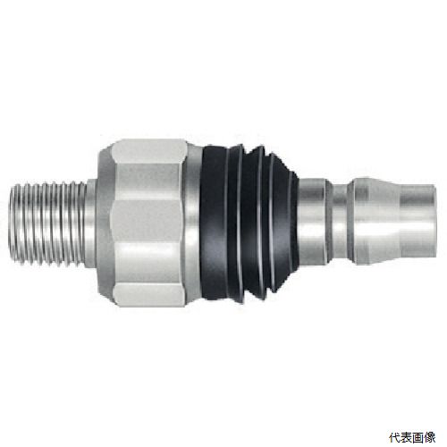 【特長】 ●空気工具・機器類のホース接続用首振りプラグです。 ●手元角度が自由自在（屈曲範囲70°）になるので、狭い場所や上向きの作業でも工具類が楽に使用できます。 ●屈曲部を潤滑性樹脂で補強しているため、屈曲動作は滑らかで、耐久性に優れて...
