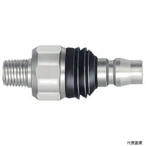 【特長】 ●空気工具・機器類のホース接続用首振りプラグです。 ●手元角度が自由自在（屈曲範囲70°）になるので、狭い場所や上向きの作業でも工具類が楽に使用できます。 ●屈曲部を潤滑性樹脂で補強しているため、屈曲動作は滑らかで、耐久性に優れて...