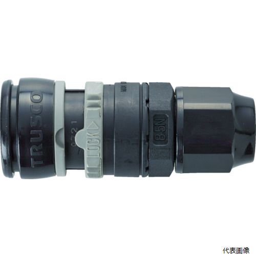 【特長】 ●ホースバンド不要設計です。 ●ワンタッチ接続方式。 ●セーフティロック機構を標準装備。 ●エンジニアリングプラスチックの採用で耐衝撃性に優れています。 ●プラスチック製ですので軽量でさびません。 【用途】 ●各種エア配管。 ●自...