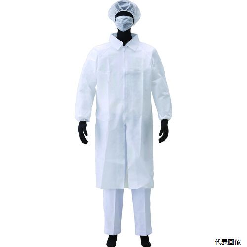 【特長】 ●異物混入の衛生対策用です。 ●キャップ、マスクと白衣の3点セットです。 【用途】 ●工場見学用。 【仕様】 ●色：白 ●サイズ：L ●適合胸囲(cm)：84〜100 ●タイプ：白衣 ●適合身長(cm)：160〜176 ●箱入数(...