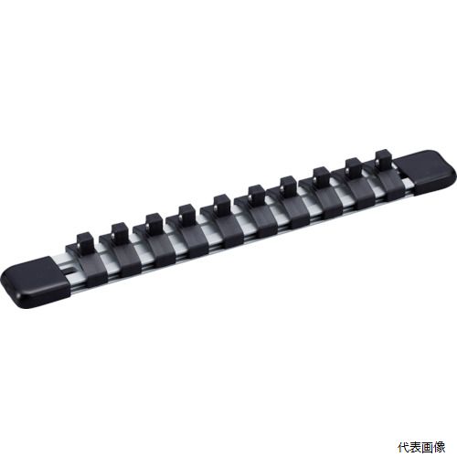 【特長】 ●ソケット、ジョイント類をすっきり整理することができるアルミレールのソケットホルダーです。 ●クリップは樹脂製（鋼球付き）でソケットの取り外しが容易です。 ●ソケットを装着したままレール上をスライド可能です。 ●ねじ穴付きで壁掛け...