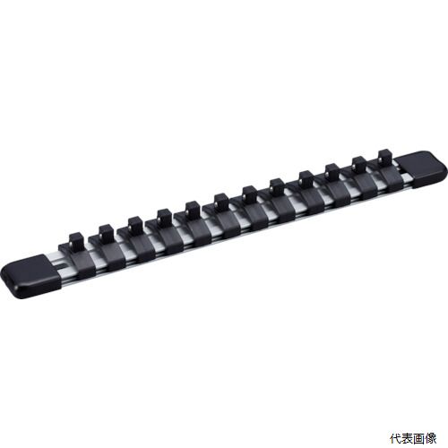【特長】 ●ソケット、ジョイント類をすっきり整理することができるアルミレールのソケットホルダーです。 ●クリップは樹脂製（鋼球付き）でソケットの取り外しが容易です。 ●ソケットを装着したままレール上をスライド可能です。 ●ねじ穴付きで壁掛け...
