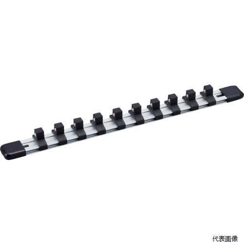 【特長】 ●ソケット、ジョイント類をすっきり整理することができるアルミレールのソケットホルダーです。 ●クリップは樹脂製（鋼球付き）でソケットの取り外しが容易です。 ●ソケットを装着したままレール上をスライド可能です。 ●ねじ穴付きで壁掛け...
