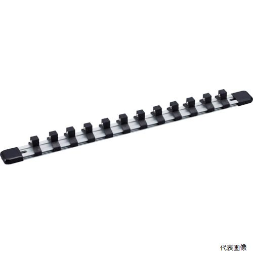 【特長】 ●ソケット、ジョイント類をすっきり整理することができるアルミレールのソケットホルダーです。 ●クリップは樹脂製（鋼球付き）でソケットの取り外しが容易です。 ●ソケットを装着したままレール上をスライド可能です。 ●ねじ穴付きで壁掛け...