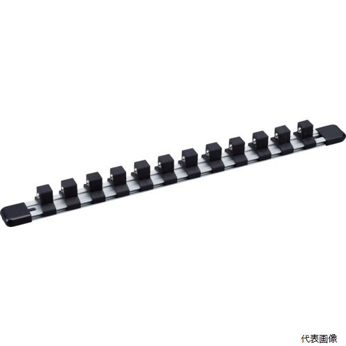 【特長】 ●ソケット、ジョイント類をすっきり整理することができるアルミレールのソケットホルダーです。 ●クリップは樹脂製（鋼球付き）でソケットの取り外しが容易です。 ●ソケットを装着したままレール上をスライド可能です。 ●ねじ穴付きで壁掛け...
