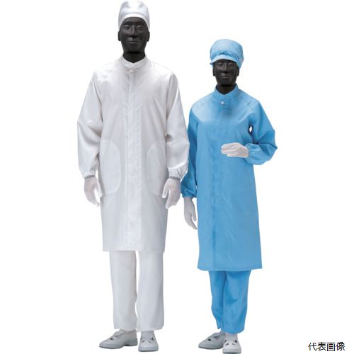 【特長】 ●男女共用コートのクリーンウエアです。 【用途】 ●作業者からの発塵とESD防止対策。 【仕様】 ●色：ホワイト ●サイズ：L ●着丈(cm)：108 ●適合胸囲(cm)：118 ●Fed.Std.209dクラス10000対応 ●...